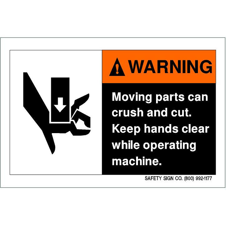 WARNING MOVING PARTS CAN CRUSH AND CUT. KEEP HANDS CLEAR WHILE OPERATI ...